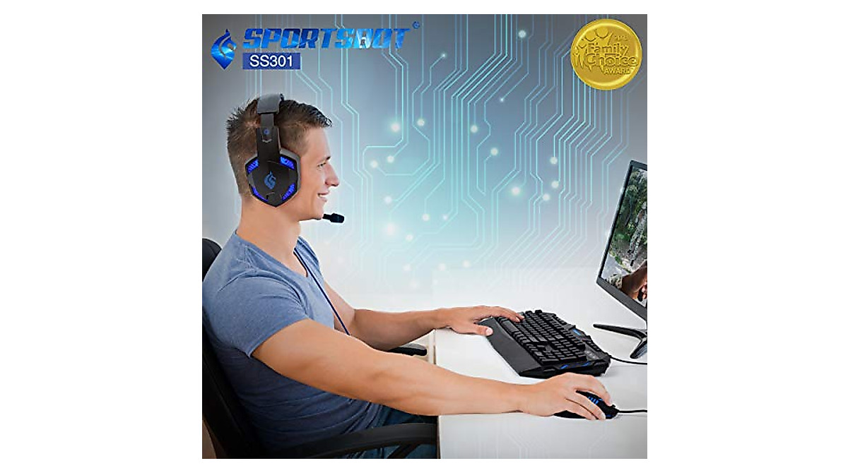 SportsBot SS301 Blue LED Gaming Over-Ear Headset Headphone, Keyboard & Mouse Combo Set w/ 40mm ...