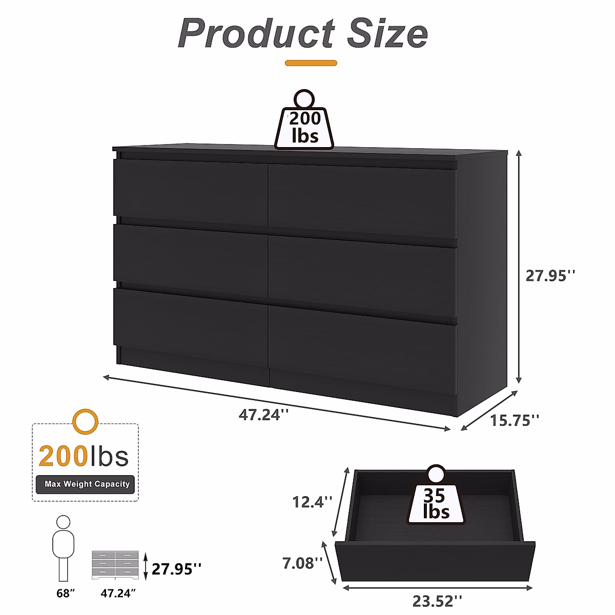 Spaco Black Dresser for Bedroom,6 Drawer Dresser,Chest of Drawers & Dresser,Wood Dresser,Dresser Bedroom Furniture,Wide TV Stand Dresser for Nursery,Kid's Room