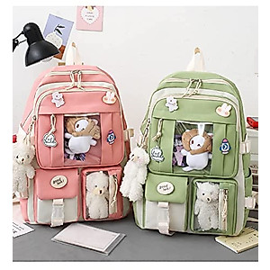 AONUOWE 5 pcs Cute Aesthetic Backpack Set for School Teens, 3 Plushies & 5 Pins & Cards Kawaii Backpack with Accessories (Green)