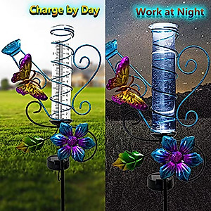 HOBYLUBY 37‘’ Butterfly Rain Gauges with Solar Lights for Outdoor Decorations, Garden, Yard, Lawn, Patio, Backyard Décor