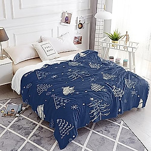 Throw Blanket- Geometric Xmas Tree Soft Warm Plush Fleece Bed Throw,50x60In Flannel Blankets Christmas Trees on Blue Bedding Throws for Women/Men Bedroom Living Room Office Decor Winter Snowflake