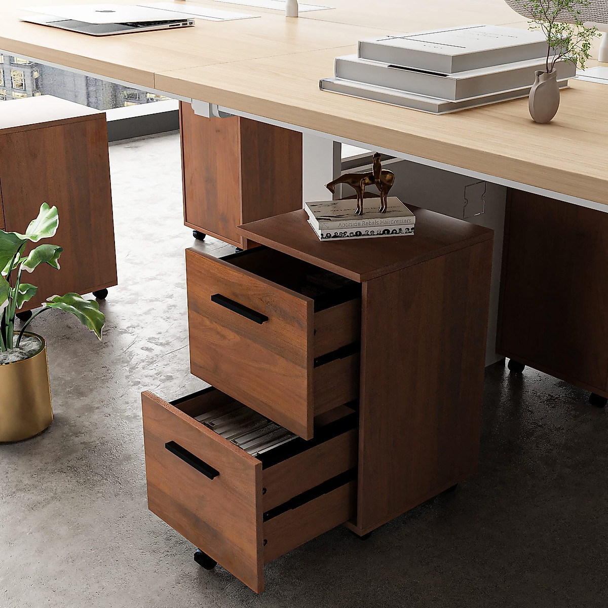VICLLAX 2 Drawer Mobile File Cabinet, Vertical Filing Cabinet with 5 Wheels Fits Legal/Letter/A4 File Size for Home Office,Walnut