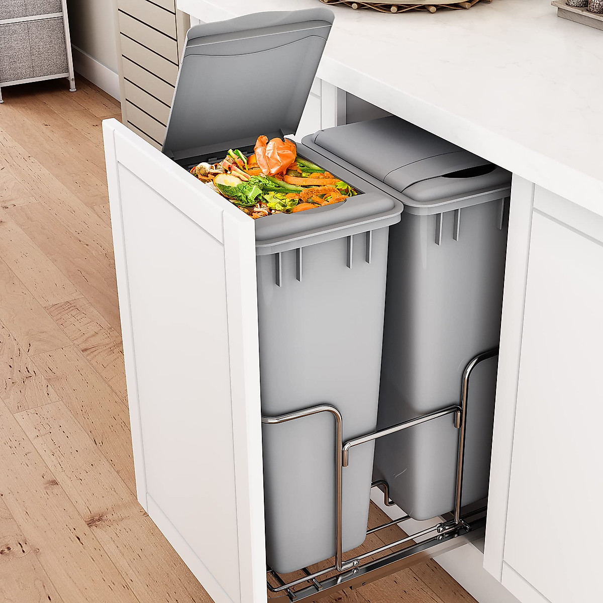 50-Quart Pull-Out Trash Can with Lid Double Bins, Sliding Under Mount Kitchen Pullout Waste Container Trash Can, Gray