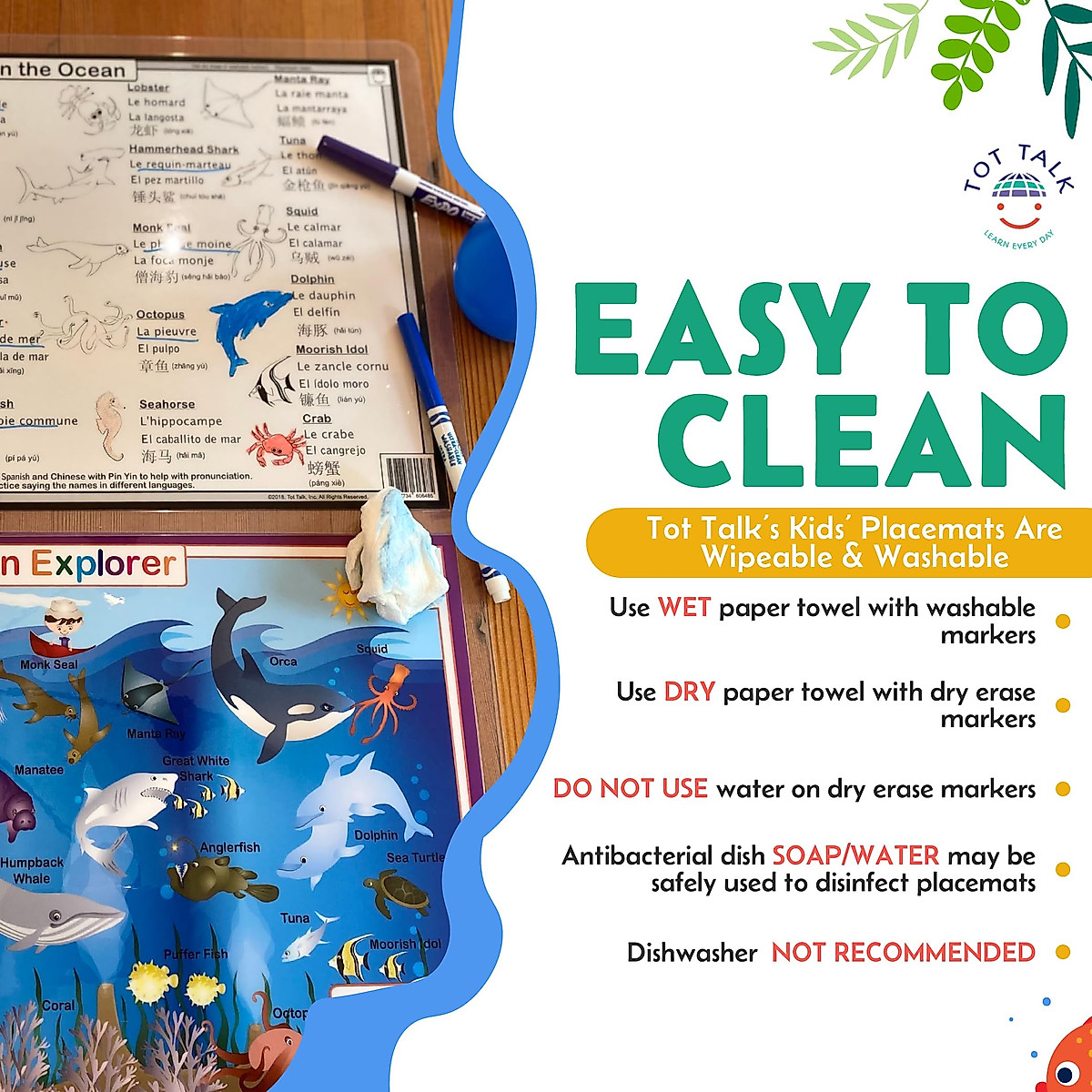 Tot Talk Mountain Animals Educational Placemat for Kids – Made in USA – Durable, Double-Sided, Learning Placemat with Mountain Wildlife & Nature Facts & Coloring– Waterproof, Wipeable, 17.5” x 11.5”