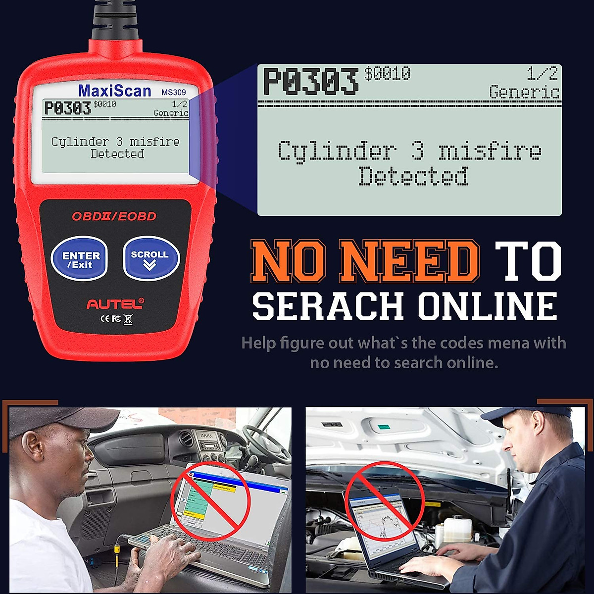 Autel OBD2 Scanner MaxiScan MS309 Car Check Engine Code Reader, Check Emission Monitor Status, 2024 Newest CAN Diagnostic Scan Tool for All OBD II Protocol Vehicles After 1996