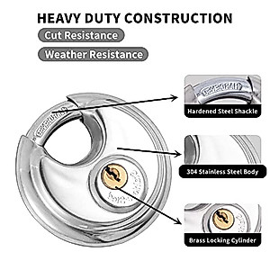 HonesaLoc Disc Padlock Outdoor, 2 Pack Heavy Duty Stainless Steel Discus Padlock, Waterproof Combo Gate Lock with Key for Storage Locker, Garages Warehouse, Sheds and Fence