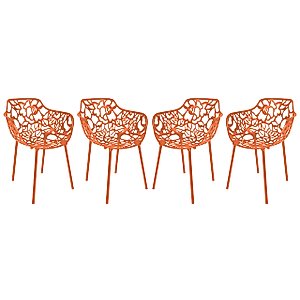 LeisureMod Devon Modern Aluminum Indoor-Outdoor Stackable Side Dining Armchair Set of 4, Orange