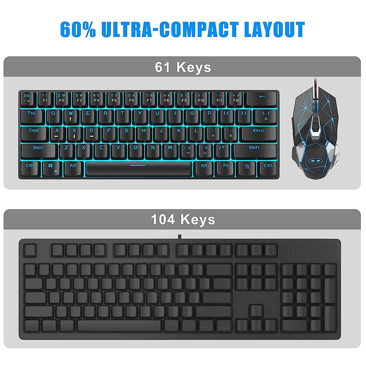 MageGee MK-Mini 60% Mechanical Gaming Keyboard, 61 Keys TKL Compact Gaming Keyboard with Blue Switches, Portable Blue LED Backlit USB Type-C Wired Office Keyboard for PC Laptop Computer, Black