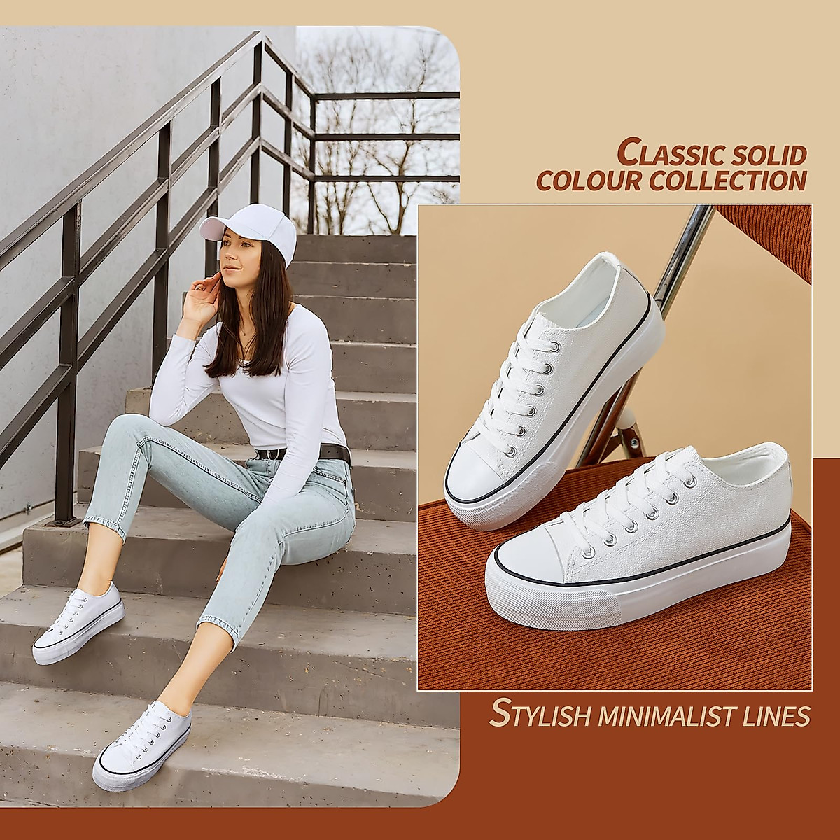 Rominz Women's Platform Sneakers Fashion PU Leather Low Top Lace-Up Platforms Shoes for Women Lightweight Comfortable Classic Casual Slip On Shoes Walking Shoes(White, US8)