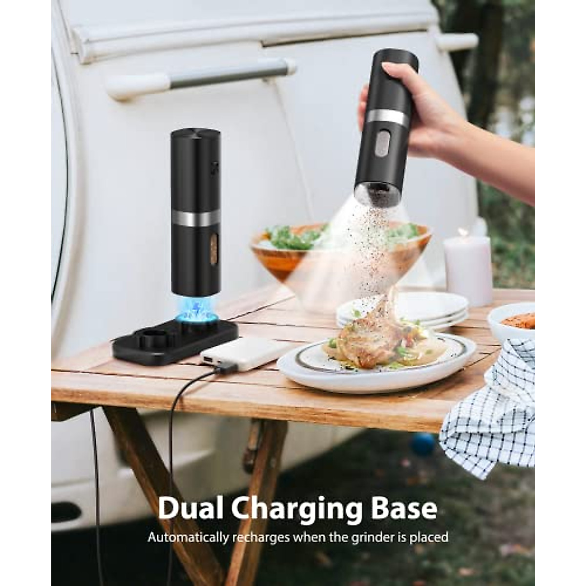 Electric Salt and Pepper Grinder Set, COSYAIREY 𝟮𝟬𝟮𝟯 𝙉𝙚𝙬 Rechargeable Salt and Pepper Mill with Charging Base, White LED Light, One Hand Automatic Operation, Adjustable Coarseness, Black, 2Pack