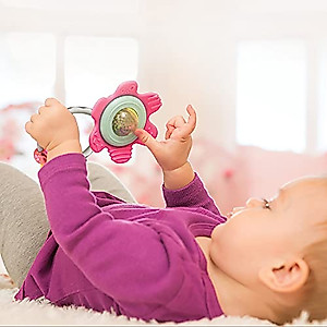 Infantino Spin & Teethe Gummy Pink Flower Rattle - Easy to Grab, Chewy Rings, Multi-Texutre Petals, Roller Ball Center - Teething & Sensory Play, Ages 0 Months +