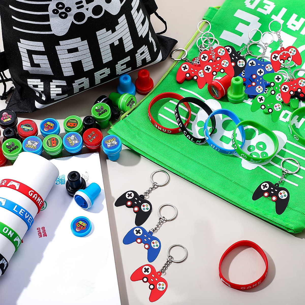 60 Pieces Video Game Party Favors Gifts Set Includes 20 Video Game Bracelets Wristbands, 24 Video Game Stampers, 16 Game Handle Keychains for Game Party Supplies (Classic Style)