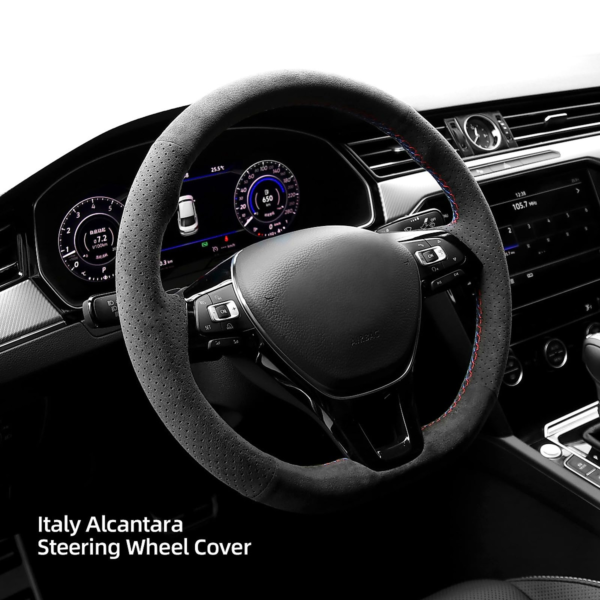 Alfanxi Hand Stitch Sewing Italy Alcantara Car Steering Wheel Cover Wrap for Volkswagen Atlas/Golf/Jetta/Passat/e Golf(Black Alcantara with Dots+No Stripes)