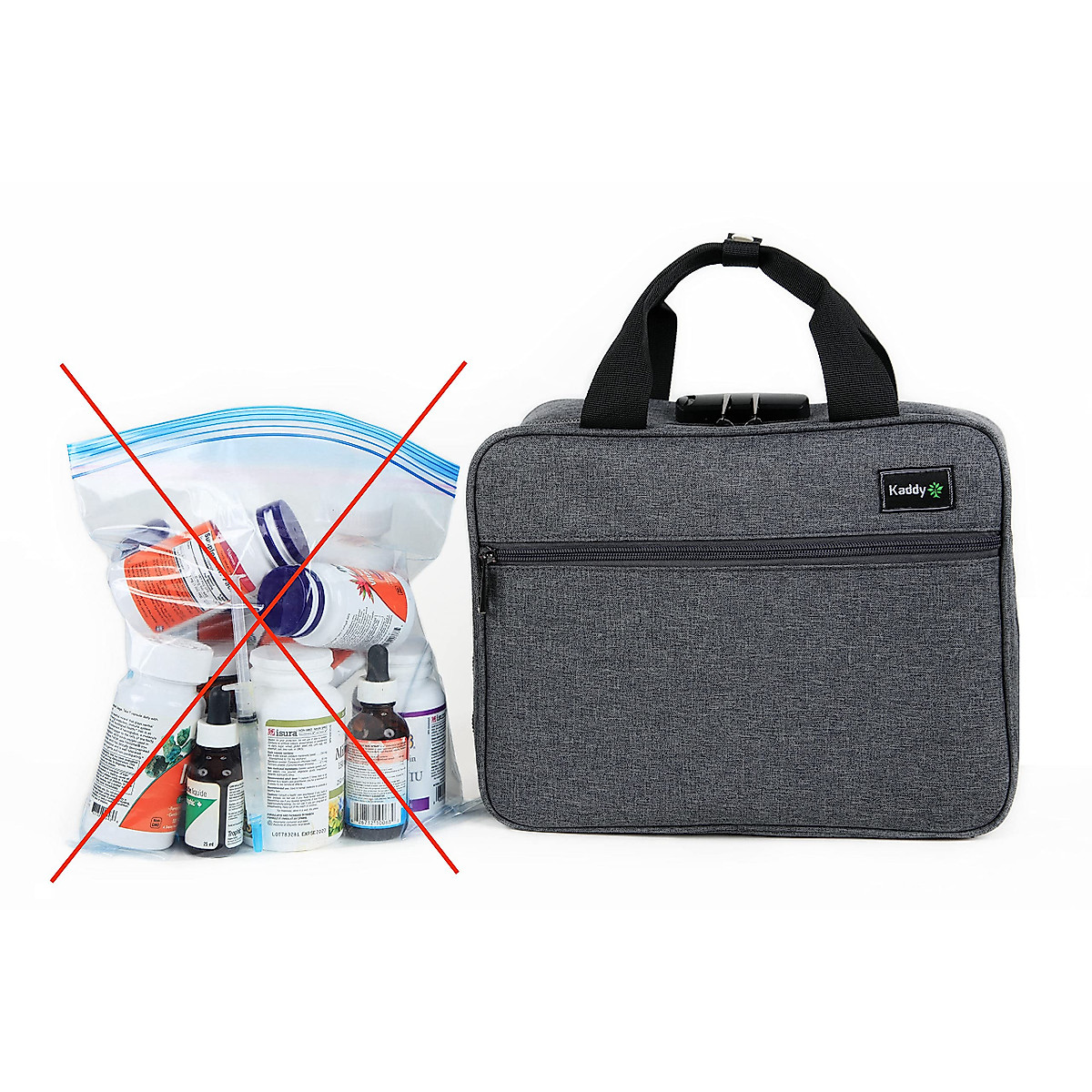 Kaddy Large Medicine Bag, Secure, Padded, Pill Organizer Box, Case for Bottles of Medicine or Supplements; Storage; Toiletry; 3 Digit Lock, Grey