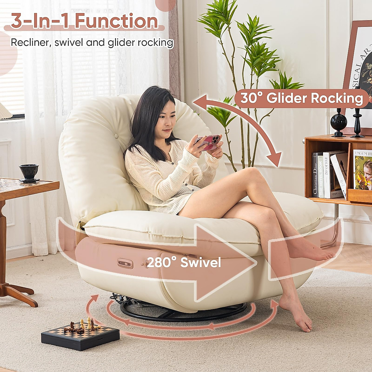Oversized Electric Recliner Chair, 270 Swivel Rocking Glider Rocker for Adults Modern Ergonomic Lounge Chair Living Room with Phone Stand & Smart Voice Control Theater Seating, Ivory Fuax Leather