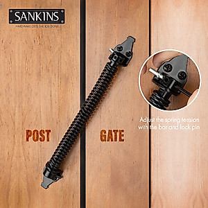 SANKINS 14" Gate Spring Self Closing Heavy Duty Outdoor Door Spring Automatic Metal Gate Closure Hardware with Adjustable Tool for Wooden and Vinyl Fence, Black, 2 Pcs