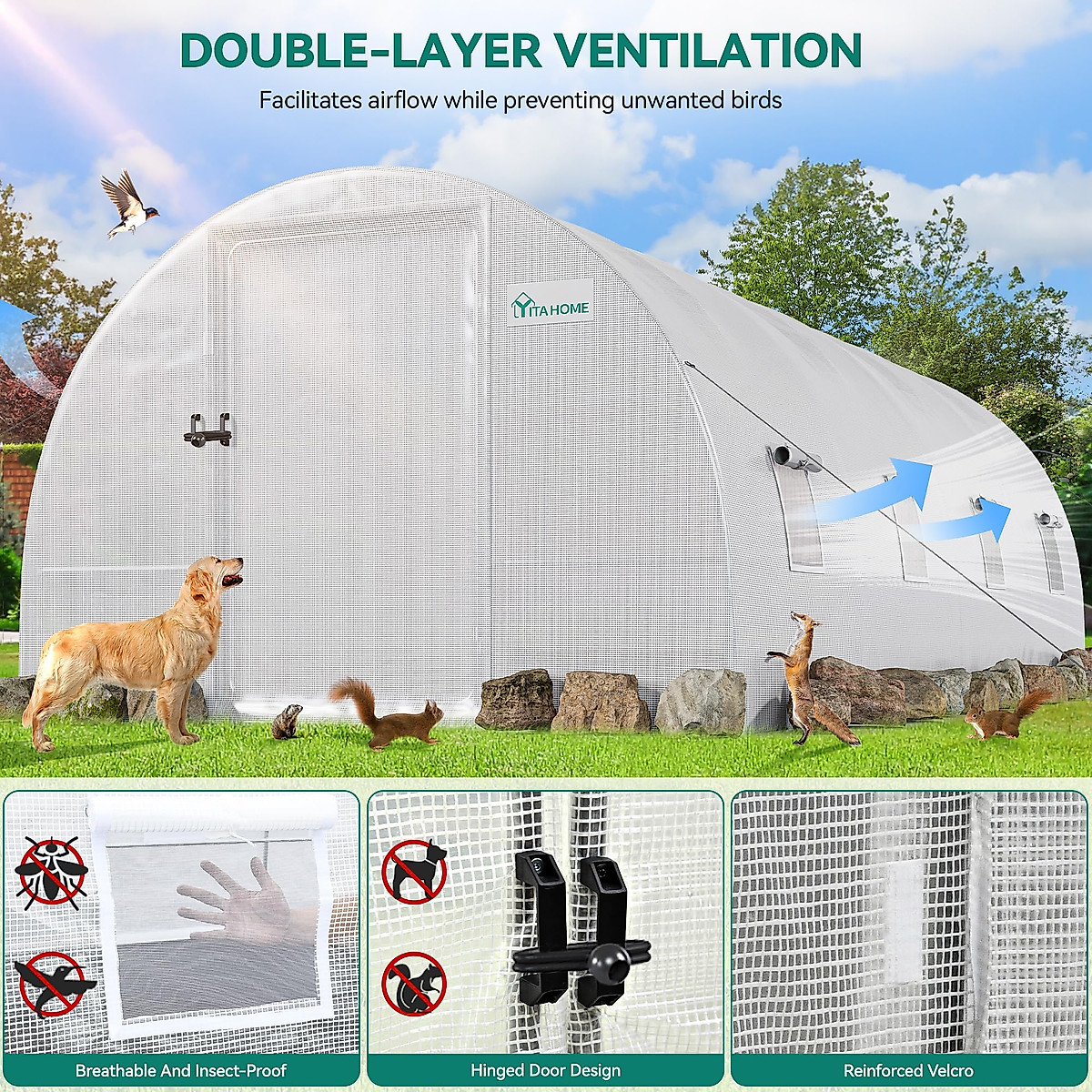 YITAHOME 20x10x7ft Greenhouse Extra Large Heavy Duty Large 2 Swing Doors Walk-in Greenhouses Tunnel Green Houses Outdoor 8 Windows Gardening Upgraded Galvanized Steel Garden, White