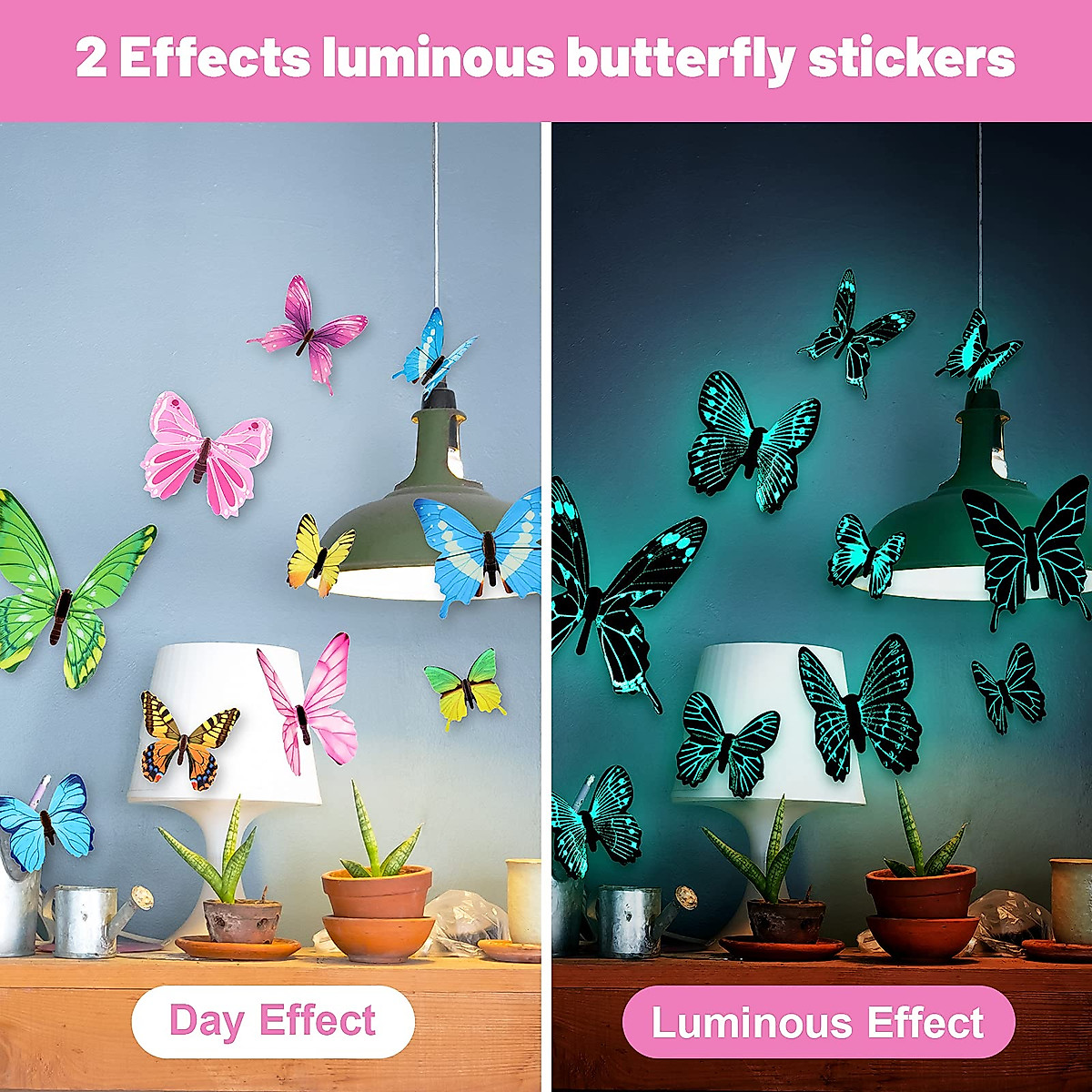 120 Pieces Butterfly Wall Decals Glow in The Dark 3D Butterfly Stickers for Ceiling Wall Decor Adhesive DIY Butterflies Wall Decoration for Kid Bedroom Nursery Living Room Home Garden
