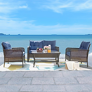 RoyalCraft 4 Pieces Patio Furniture Set, Outdoor Rattan Chair Wicker Conversation Sets with Cushions and Glass Coffee Table, for Porch Balcony Garden Backyard Deck, Brown and Navy