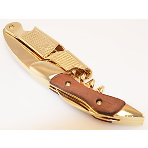 Gold Plated Corkscrew w/Wood Handle Professional Double Hinge Waiters Wine Key