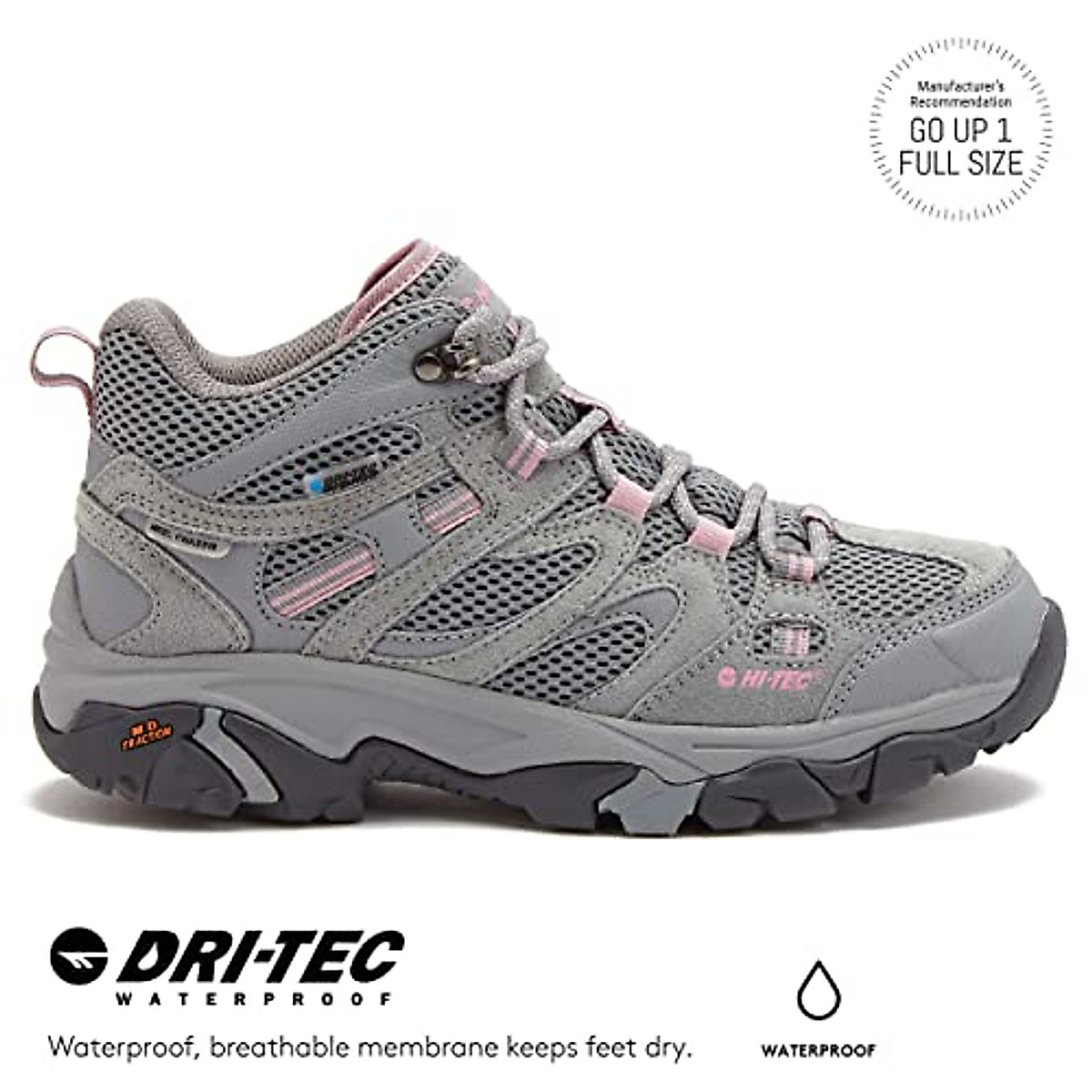 HI-TEC Apex Lite Mid WP Waterproof Hiking Boots for Women, Lightweight Outdoor and Trail Shoes - Medium Grey/Light Pink, 9.5 Medium