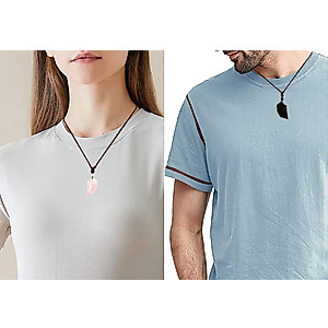 Domika 2pcs Healing Stone Matching Heart Couples Necklace Rose Quartz Black Obsidian Crystal Pendant Adjustable Rope Love Puzzle Necklace for Men Women