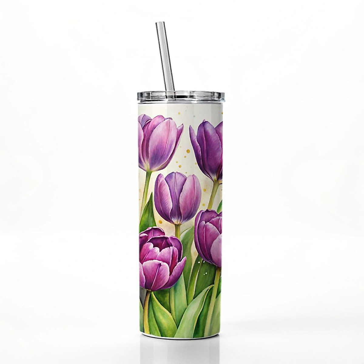Purple Tulips Flowers Watercolor Skinny Tumbler 20oz with Straw Insulated Water Bottle Gift