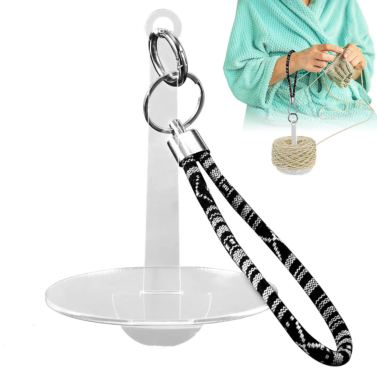 Portable Wrist Yarn Ball Holder with Wrist Strap, Acrylic Wrist Yarn Dispenser Stand & Metal Ring Mini Crochet Yarn Organizer Storage Prevents Tangling & Misalignment for Knitting Supplies