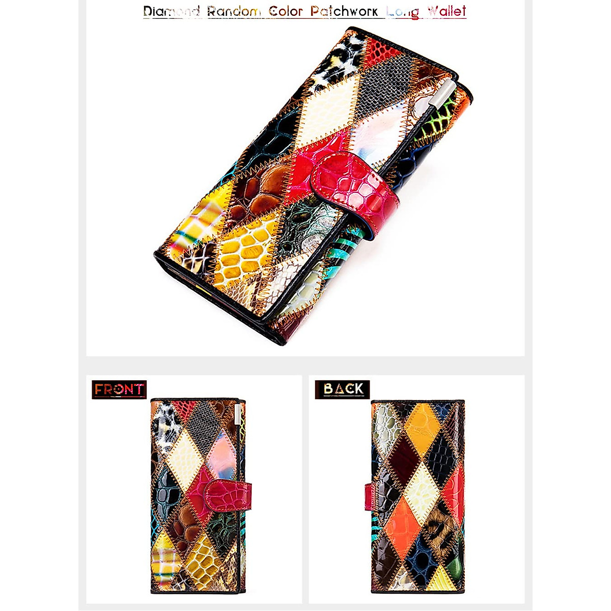 Women Multicolor Wallets Genuine Leather Card Holder Large Purses Phone Clutch (Multicoloured Diamond-L)