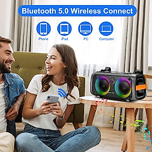 Hotec Karaoke Machine - Portable Bluetooth PA Speaker with Two Wireless Microphones, LED Party Lights, TF Card/USB Music, AUX Input, REC, and TWS for Adults and Kids