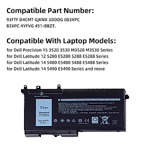 YXKC 51Wh 93FTF Battery for Dell Latitude 5580 5280 5480 5590 5490 5491 5290 5288 5488 5495 5591 E5580 E5480 E5280 E5590 E5490 E5290 E5591 E5491 Precision 15 3520 3530D4CMT 4YFVG 83XPC 451-BBZT 11.4V