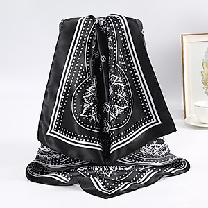 AWAYTR 35” Satin Large Square Head Scarves - 4PCS Silk Like Neck Scarf Hair Sleeping Wraps Lightweight Satin Silk Scarfs for Women (Cashew(Black+Gray+Burgundy+Light Curry)