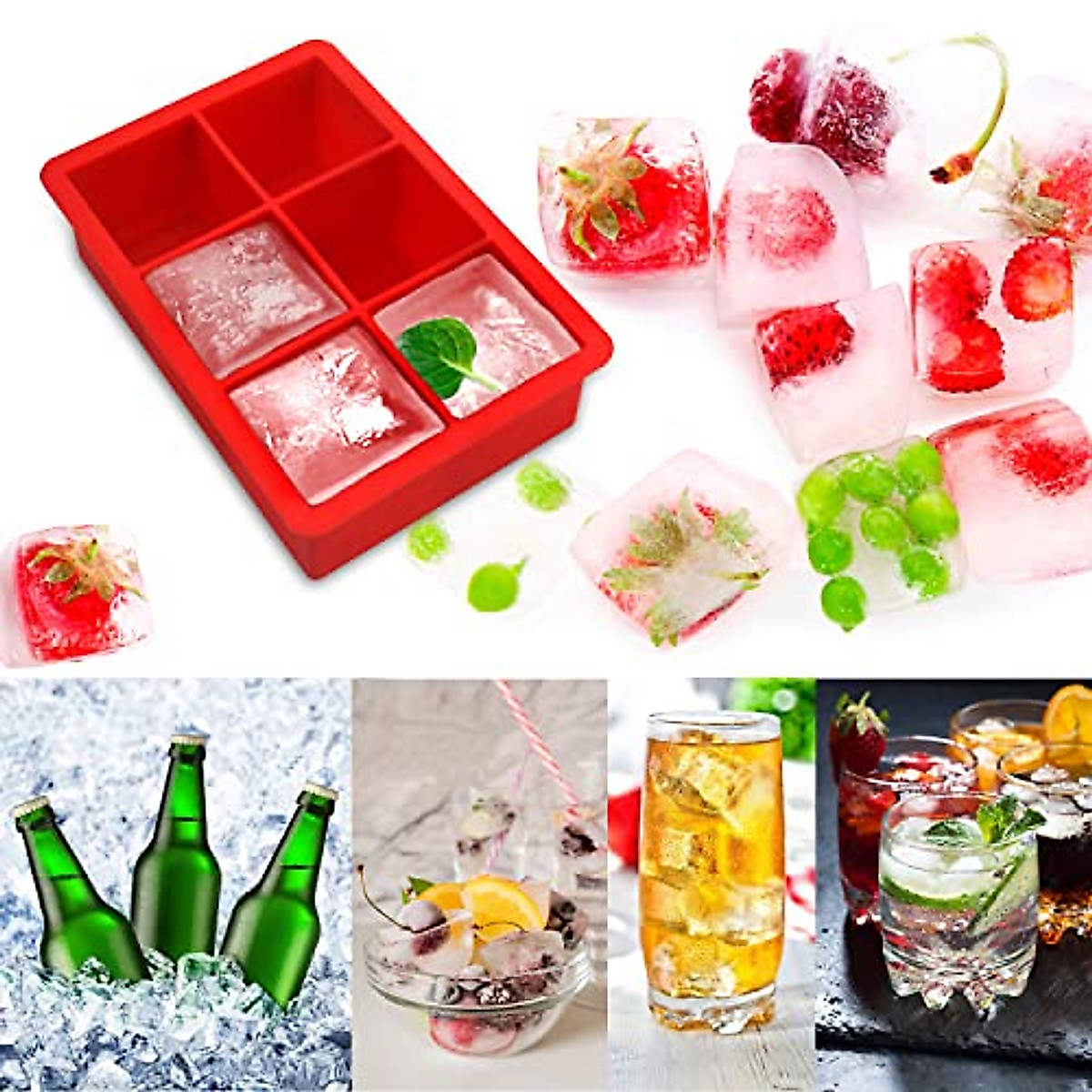 FIVETAS Super Thickness Silicone ice tray .Large Size 6 Ice Cube Trays with Lid which is Spill-Resistant and Removable.BPA Free and Reusable.Ice Cube Trays for Cocktails,Whisky,Freezer