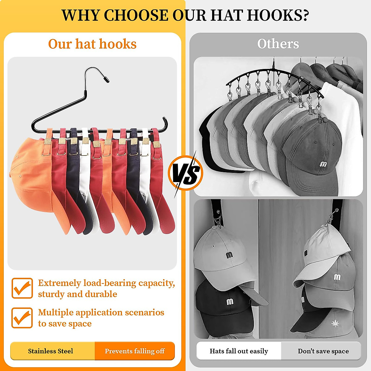 Eiito 2 Pack Hat Hangers for Closet,Hat Hangers Space-Saving,Metal Hat Racks for 20 Baseball Caps,Hat Holder for Closet Storage,Ball Cap Organizer,Black