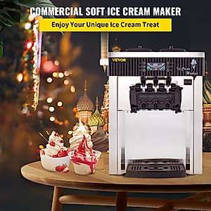 VEVOR Commercial Ice Cream Machine 5.3 to 7.4Gal per Hour Soft Serve with LED Display Auto Clean 3 Flavors Perfect for Restaurants Snack Bar, 2200W, Sliver