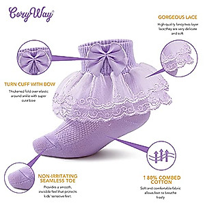 CozyWay Toddler Socks Lace Ruffle Baby Girl Socks Frilly Eyelet Trim Ankle Dress Socks 0-6 Months Multi Color - 6 Pack