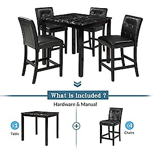 LZ LEISURE ZONE Dining Table Set for 4, 5 Piece Kitchen Table Set, Faux Marble Veneer Wooden Top Counter Height Dining Room Table Set with 4 Leather-Upholstered Chairs, Black