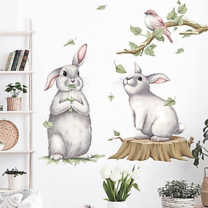 NOA 2 Cute Rabbit Wall Stickers with Bird On The Branches Decals, Removable Cartoon Animal Bunny 3D Vinyl Wallpaper Decor, DIY Art Mural for Nursery Baby Bedroom Living Room