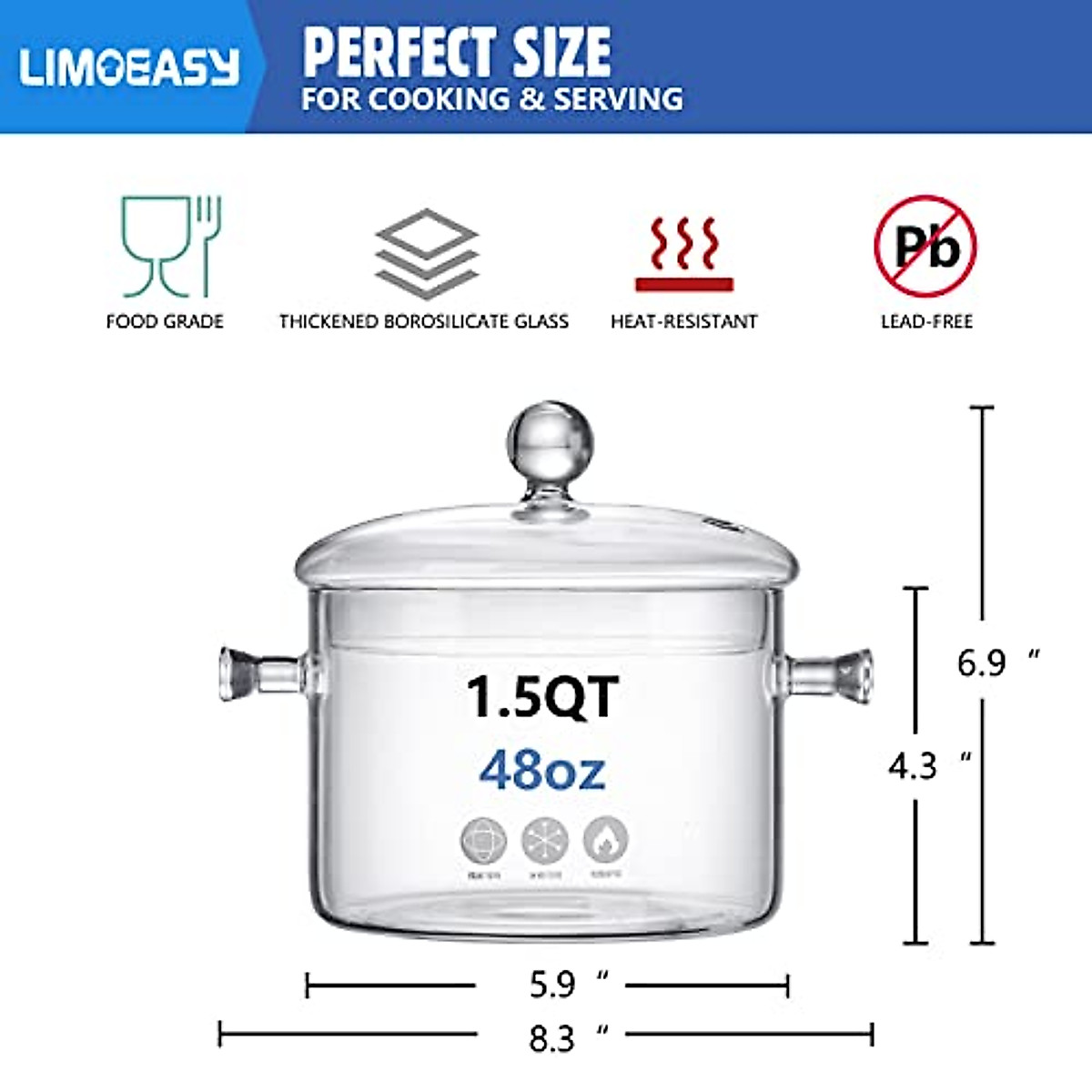 LIMOEASY Glass Pots for Cooking on Stove, 1.5 Quart Clear Pots for Cooking, Simmer Pot for Stove Potpourri, Glass Saucepan with Cover, Heat-Resistant Glass Cookware for Pasta, Soup, Milk, Baby Food