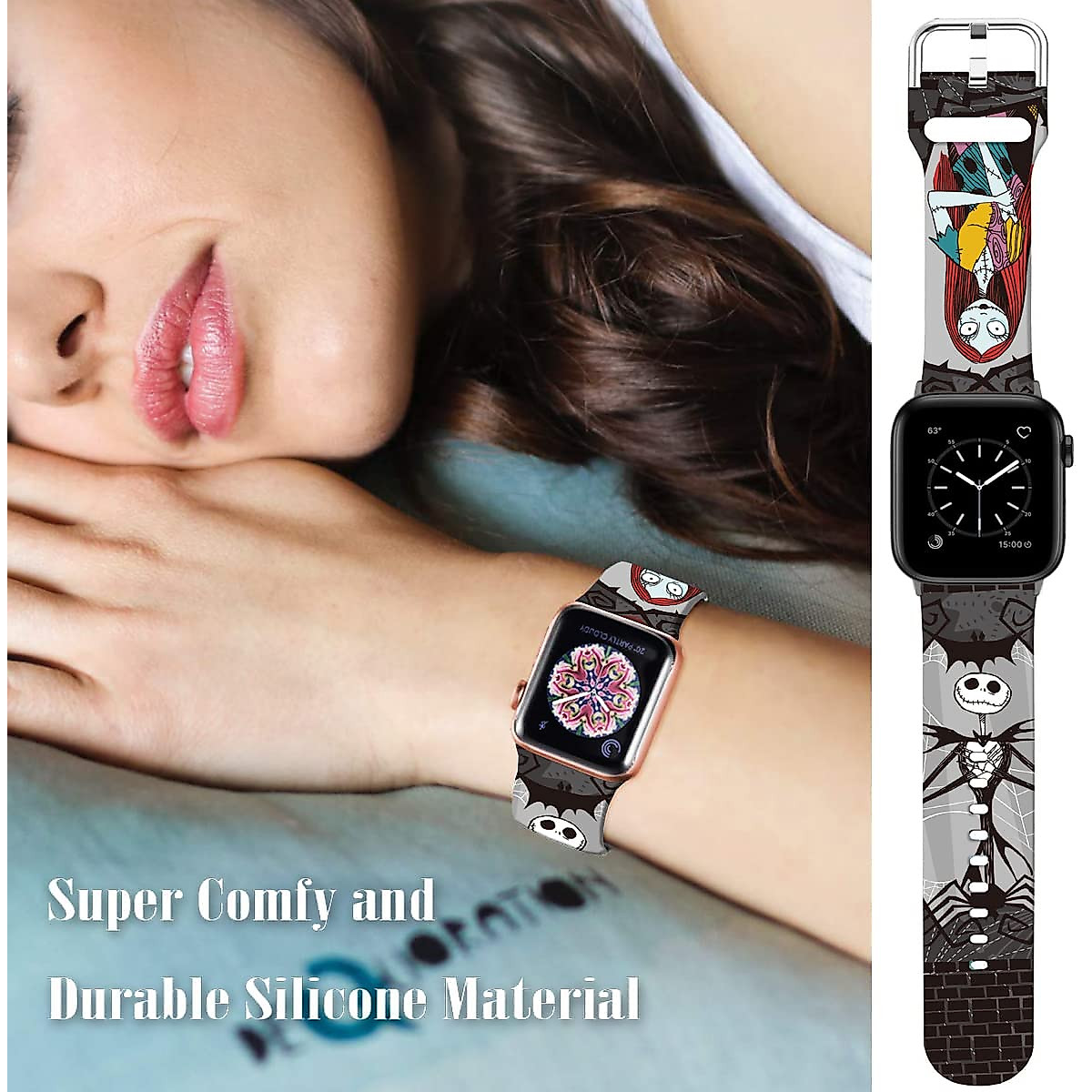 Sjiangqiao Compatible with Apple Watch Bands Halloween Sally/Jack Skellington 38mm 40mm 41mm Cartoon Band Replacement Strap Soft Silicone Chic Cartoon Design Pattern Sports Bands for iWatch Series SE 9 8 7 6 5 4 3 2 1 Men Women (Black-Halloween Jack&Sally