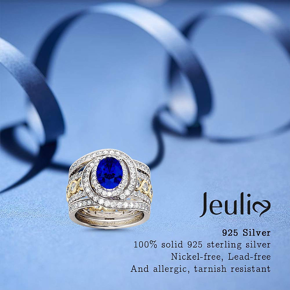 Jeulia Oval Solitaire Engagement Silver Ring: Sterling Bridal Ring Sets Sapphire Blue Cubic Zirconia Wedding Eternity Band with Jewelry Box (Blue, 7)