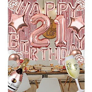 21st Birthday Decorations for Her - Rose Gold 21 Birthday Party Decor, Happy Birthday Banner, Table Cloth, Cake Topper, Bday Sash and Tiara Crown, Balloons Set for Twenty One Years Old Party Supplies