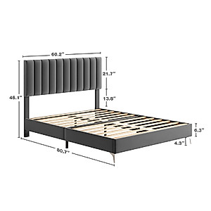 IDEALHOUSE Queen Size Bed Frame with Adjustable Headboard, Velvet Upholstered Platform Bed Frame with Wooden Slats Support, No Box Spring Needed, Easy Assembly, Dark Grey
