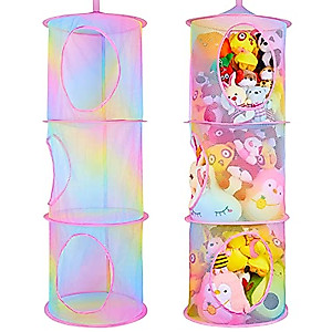 Basumee Stuffed Animals Net or Hammock 2Pcs Hanging Stuffed Animals Storage 3 Compartments Toy Net Hammock for Stuffed Animals Organizer Mesh Stuff Animals Hammock for Kids Girls Room, Rainbow