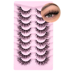 Newcally False Lashes, 9 Pairs Cat Eye False Eyelashes, Wispy Eyelashes, Faux Mink False Eyelashes, 3D Volume Lashes Strips, Handmade Cotton Thin Lash Band, Vegan, Cruelty Free