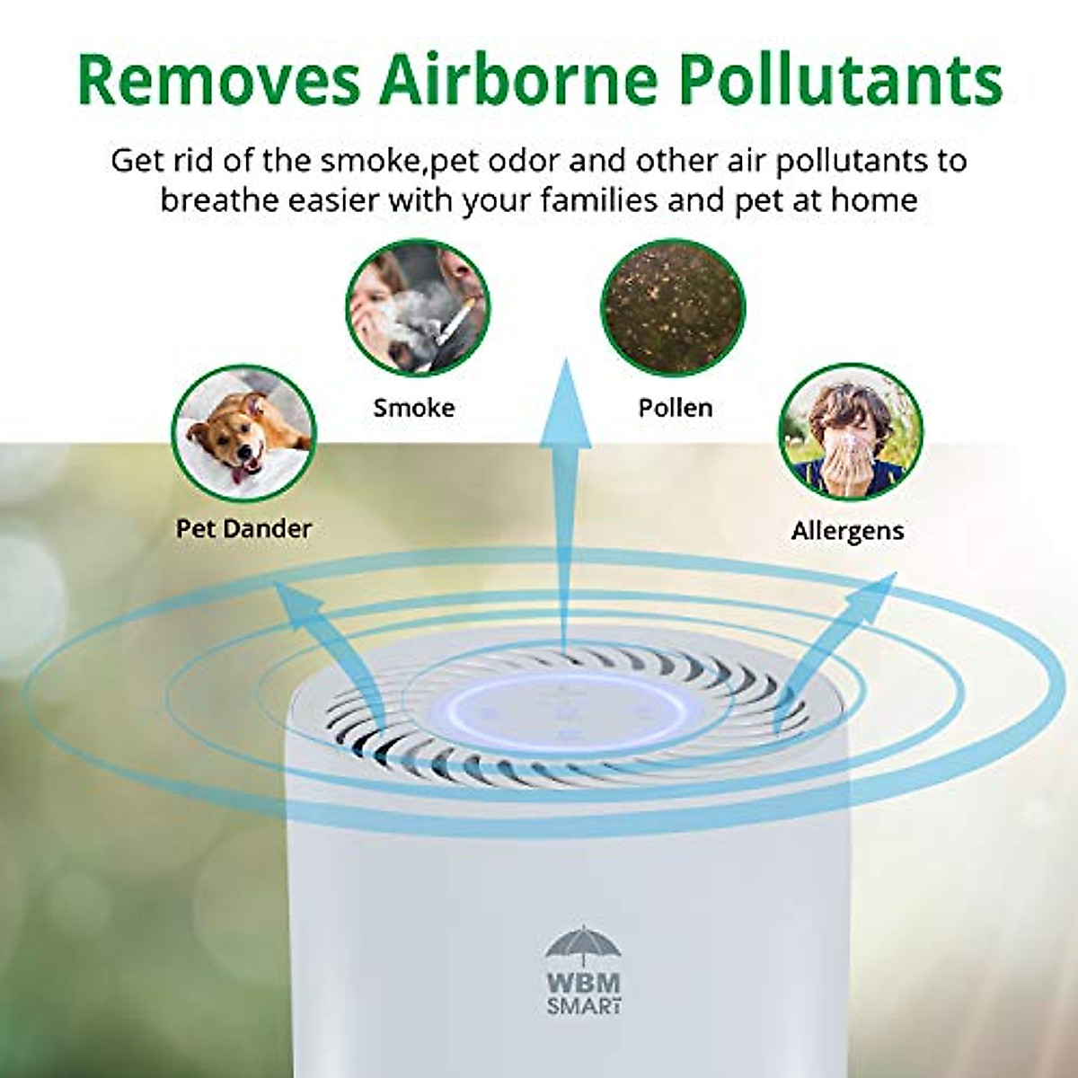 WBM Smart HEPA Filter Air Purifier for Home Allergies and Pets Hair Smokers in Bedroom, 25db Filtration System Cleaner Odor Eliminators, Remove 99.97% Smoke Dust Mold Pollen, White