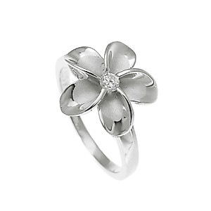 Arthur's Jewelry 925 sterling silver rhodium plated 15mm Hawaiian plumeria single flower cz ring size 4.5