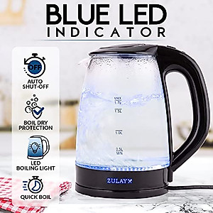 Zulay 1.7L Glass Electric Kettle with Blue LED Light - Borosilicate Glass Hot Water Kettle Electric - Electric Glass Kettle Water Boiler with Auto Shut-Off and Boil-Dry Protection