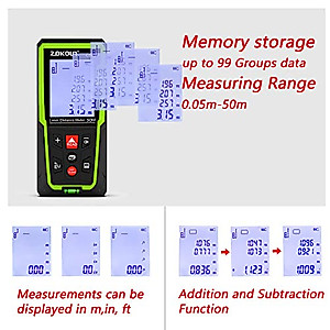 Zokoun Laser Distance Measure 165Ft, Backlit LCD, M/in/Ft with High Accuracy Pythagorean Mode, Measure Distance, Area and Volume, Record Storage 99 Data and Include 2 AAA Battery (CS50)