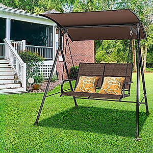 Tangkula 2 Person Porch Swing, Patio Swing with Adjustable Canopy, Padded Seat, Curved handrails & Heavy-Duty Metal Frame, Outdoor Swing for Yard, Garden, Poolside (Brown)